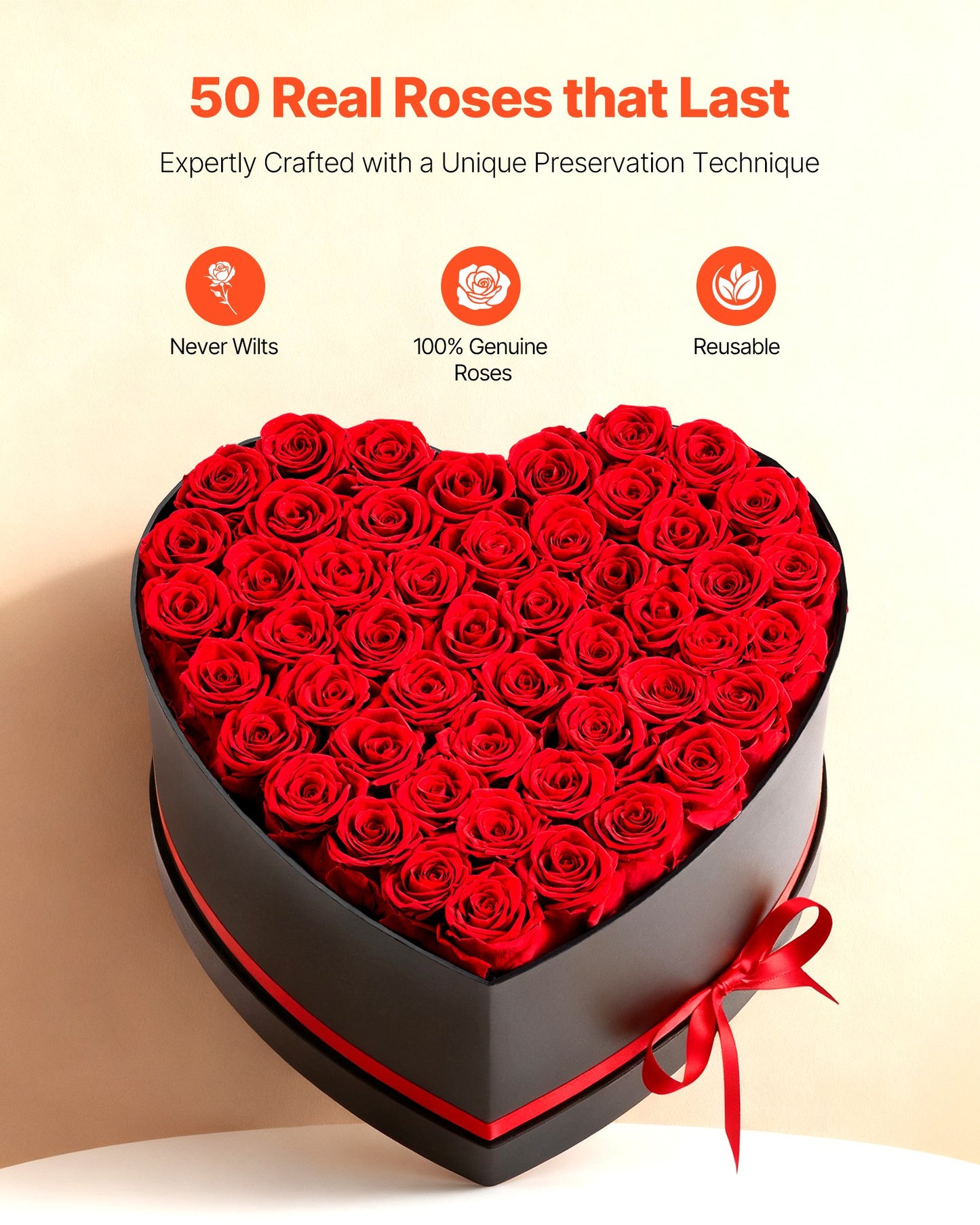 Forever Flowers, 50 Preserved Roses In A Heart Shape Box, Eternal Flow ...
